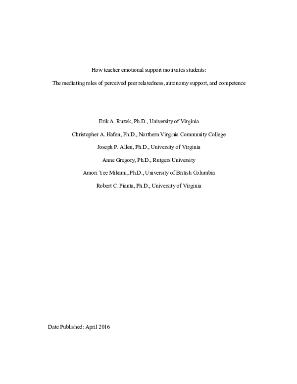 (PDF) How teacher emotional support motivates students: The mediating ...