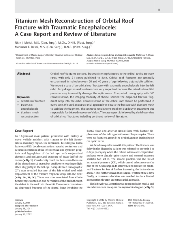 (PDF) Titanium Mesh Reconstruction of Orbital Roof Fracture with ...
