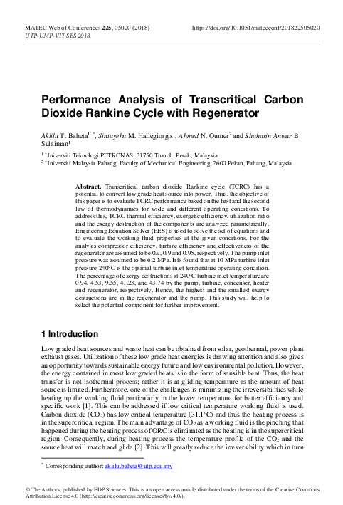 (PDF) Performance Analysis of Transcritical Carbon Dioxide Rankine ...
