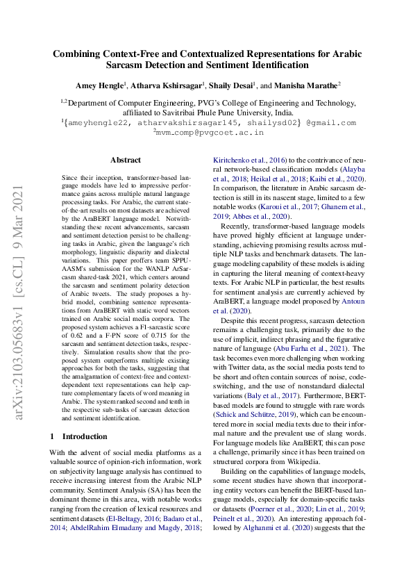 (PDF) Combining Context-Free and Contextualized Representations for Arabic Sarcasm Detection and ...