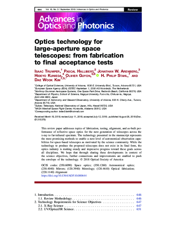 (PDF) Optics technology for large-aperture space telescopes: from ...