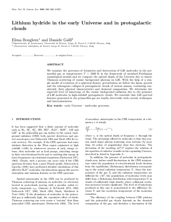 (PDF) Lithium hydride in the early Universe and in protogalactic clouds