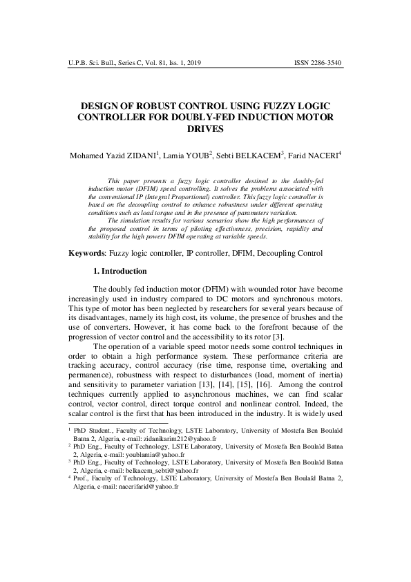 Pdf Design Of Robust Control Using Fuzzy Logic Controller For Doubly Fed Induction Motor Drives 
