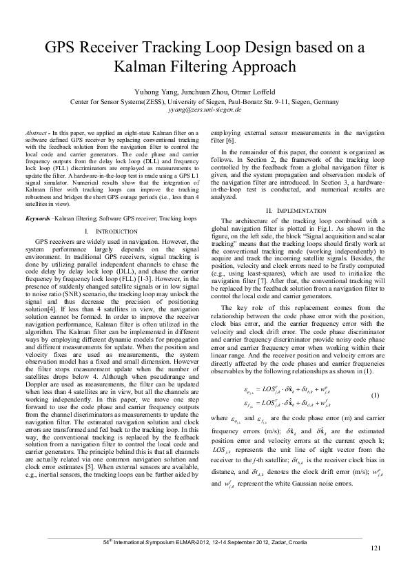 (PDF) GPS receiver tracking loop design based on a Kalman filtering Approach