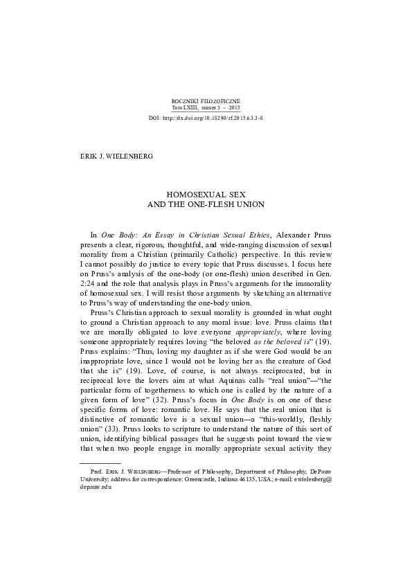 (PDF) HOMOSEXUAL SEX AND THE ONE-FLESH UNION In One Body: An Essay in ...