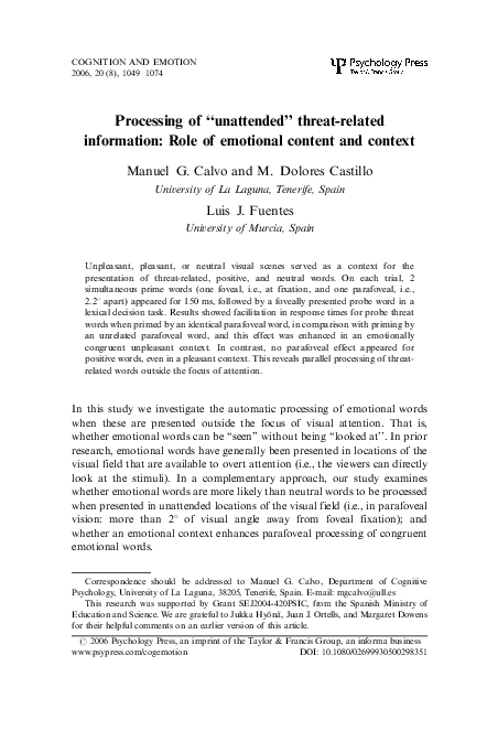 (PDF) Processing of “unattended” threat-related information: Role of ...