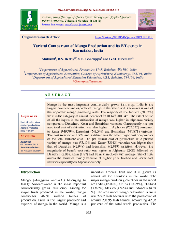 Pdf Varietal Comparison Of Mango Production And Its Efficiency In Karnataka India