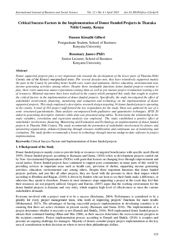 (PDF) Critical Success Factors in the Implementation of Donor Funded Projects in Tharaka Nithi ...