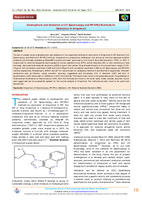 (PDF) Development and Validation of UV Spectroscopy and RP-HPLC Methods for Estimation of Imiquimod