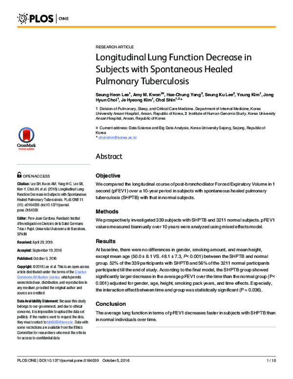 (PDF) Lung Function Decline in Healed TB Patients