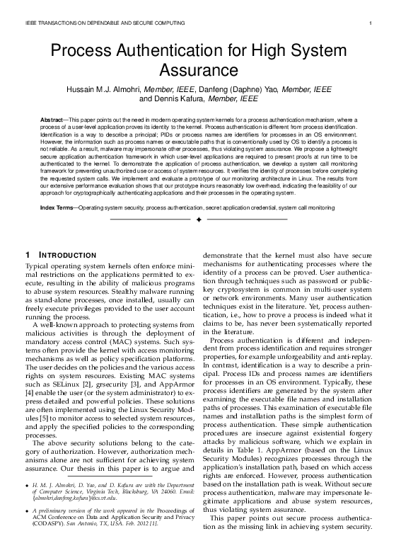 Pdf Ieee Transactions On Dependable And Secure Computing 1 Process Authentication For High