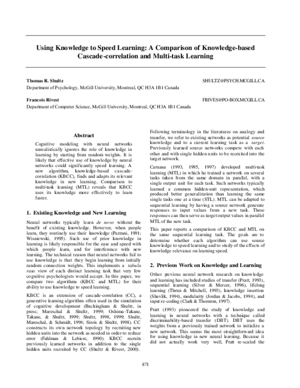 Pdf Using Knowledge To Speed Learning A Comparison Of Knowledge Based Cascade Correlation And