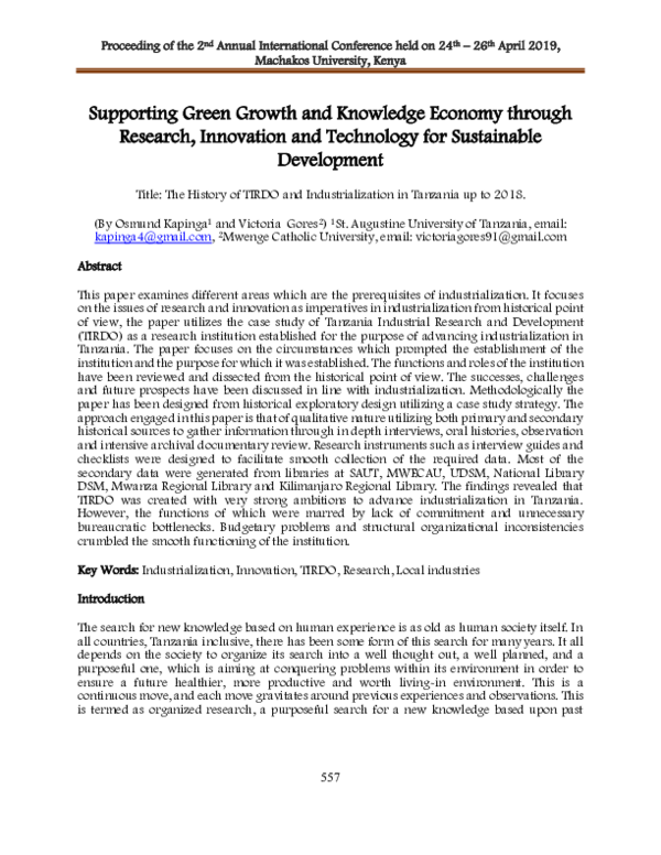 (PDF) The History of TIRDO and Industrialization in Tanzania up to 2018