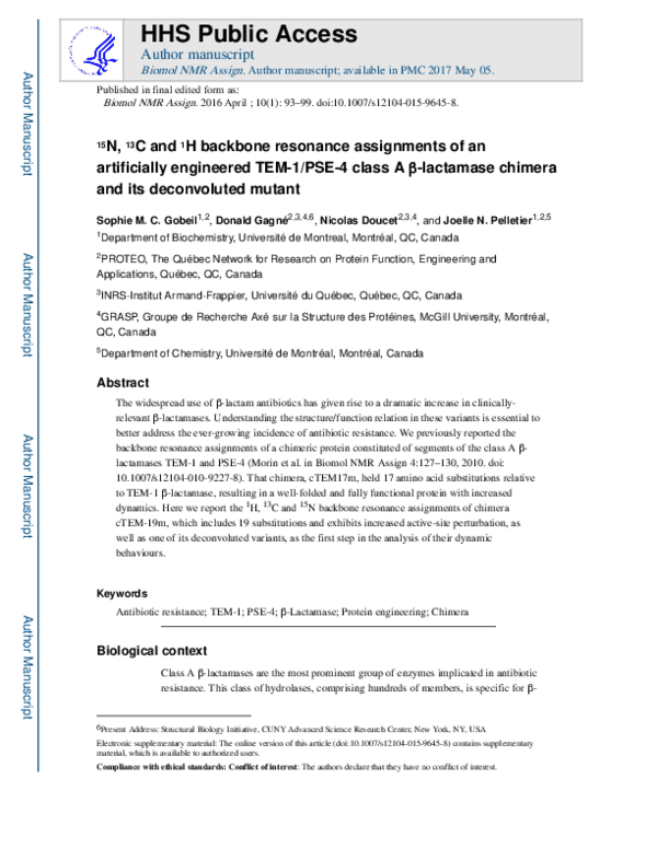 (PDF) NMR Resonance Assignments of TEM-1/PSE-4 Chimera