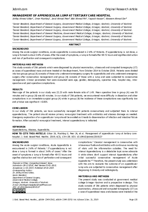 (PDF) Management of Appendicular Lump at Tertiary Care Hospital