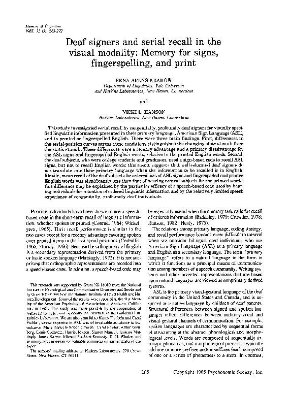 (PDF) Deaf signers and serial recall in the visual modality: Memory for ...