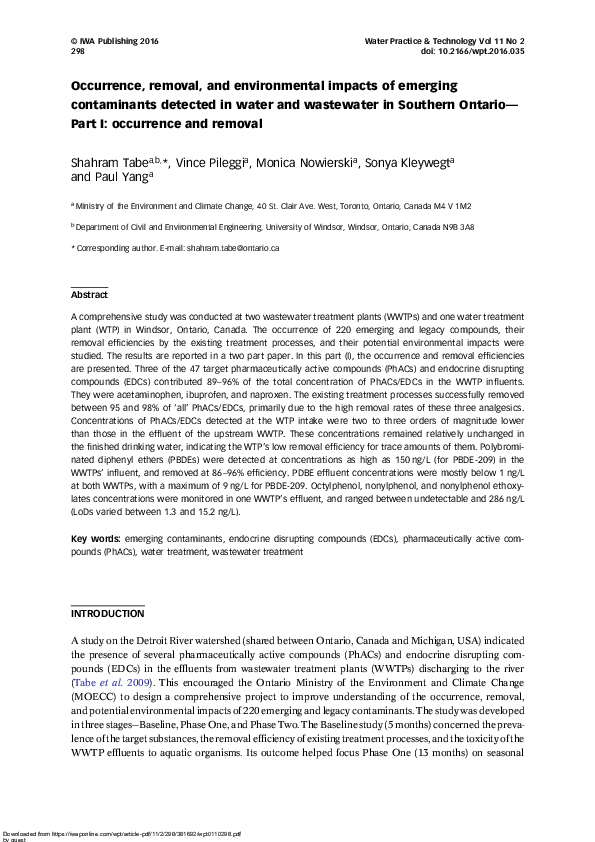 (PDF) Occurrence, removal, and environmental impacts of emerging contaminants detected in water ...