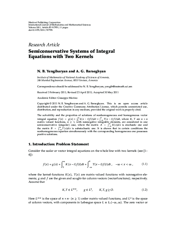 (PDF) Semiconservative Systems of Integral Equations with Two Kernels