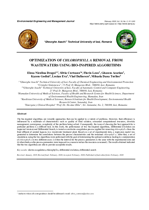 (PDF) Optimization of Chlorophyll a Removal from Wastewaters Using Bio-Inspired Algorithms