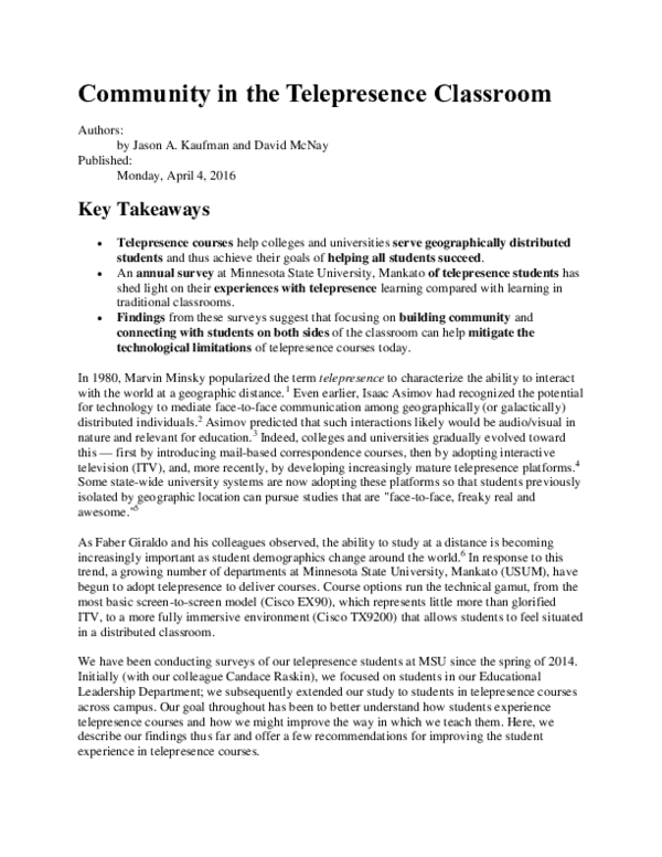 (PDF) Community in the Telepresence Classroom