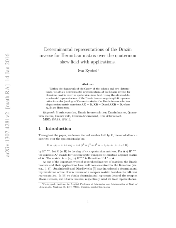 (PDF) Determinantal representations of the Drazin inverse for Hermitian matrix over the ...