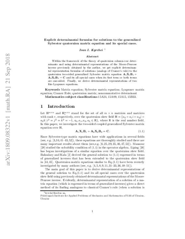 Pdf Explicit Determinantal Formulas For Solutions To The Generalized Sylvester Quaternion 