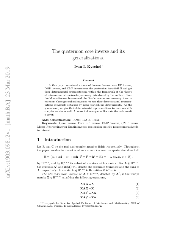 (PDF) The quaternion core inverse and its generalizations