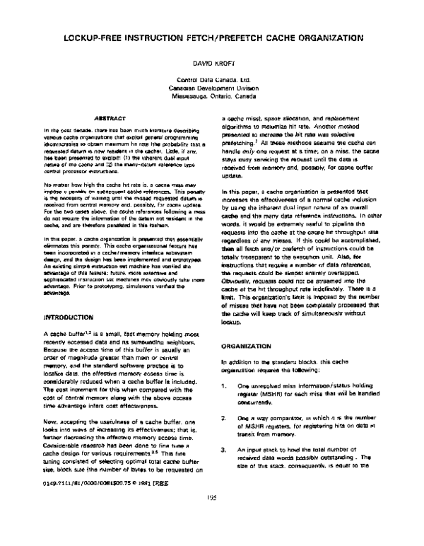 (PDF) Lockup-Free Instruction Fetch/Prefetch Cache Organization