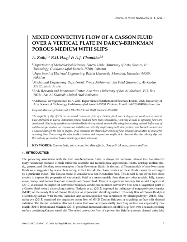 (PDF) Mixed Convective Flow of a Casson Fluid Over a Vertical Plate in Darcy-Brinkman Porous ...