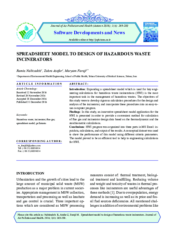 (PDF) Spreadsheet Model to Design of Hazardous Waste Incinerators