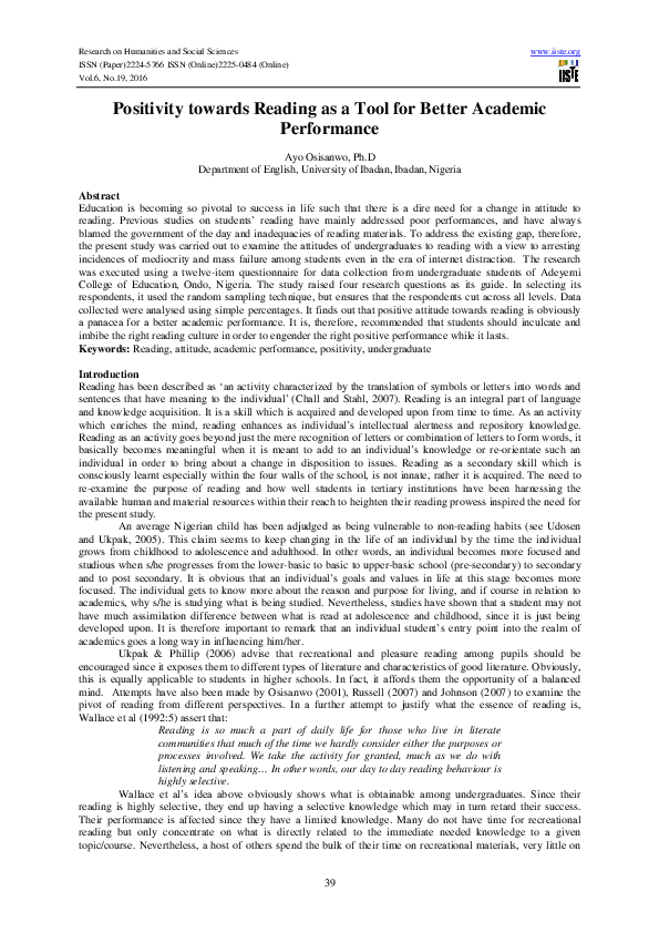 (PDF) Positivity towards Reading as a Tool for Better Academic Performance