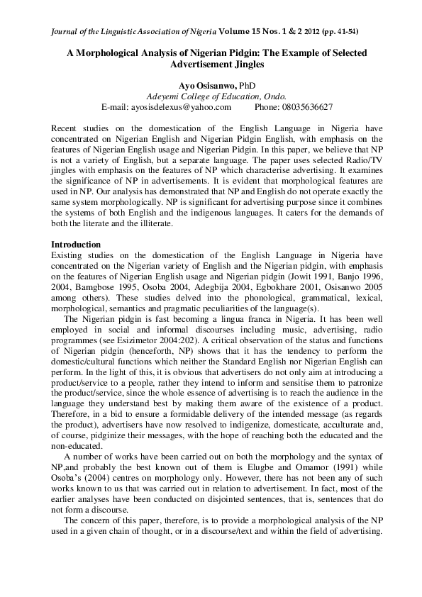 (PDF) A Morphological Analysis of Nigerian Pidgin: The Example of ...