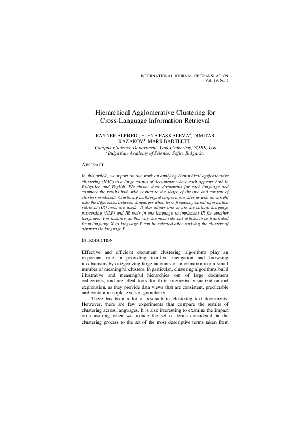 (PDF) Hierarchical Agglomerative Clustering for Cross-Language Information Retrieval
