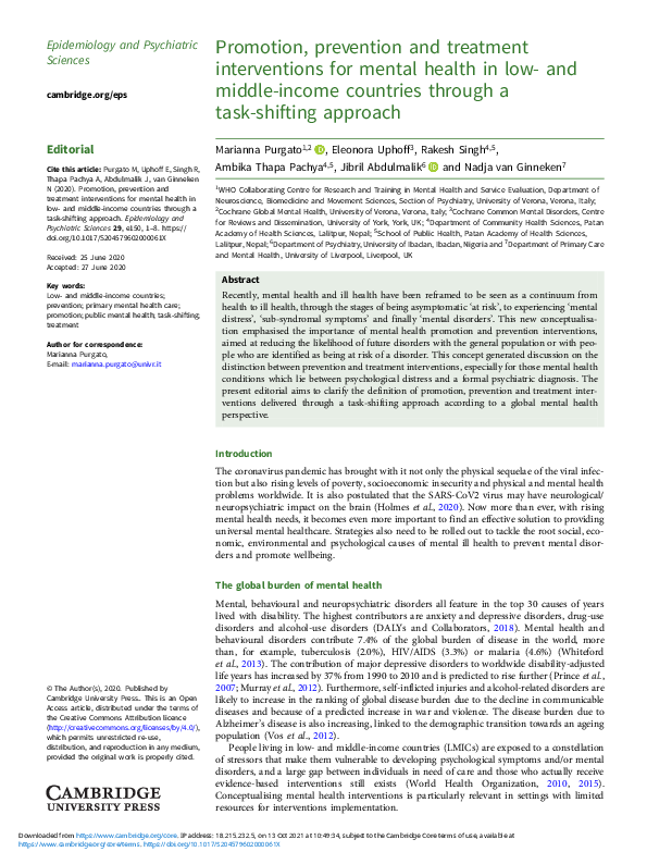 (PDF) Promotion, prevention and treatment interventions for mental health in low- and middle ...