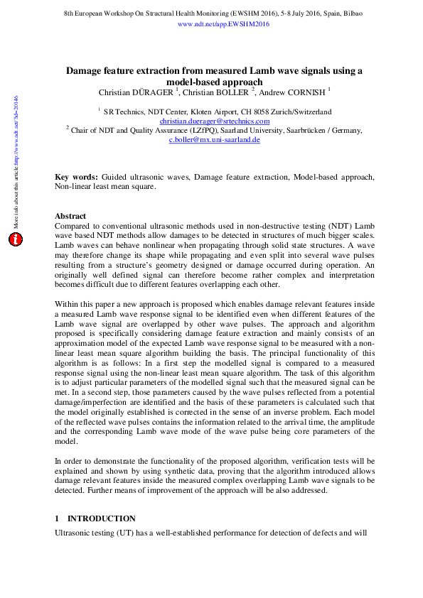 (PDF) Damage feature extraction from measured Lamb wave signals using a model-based approach