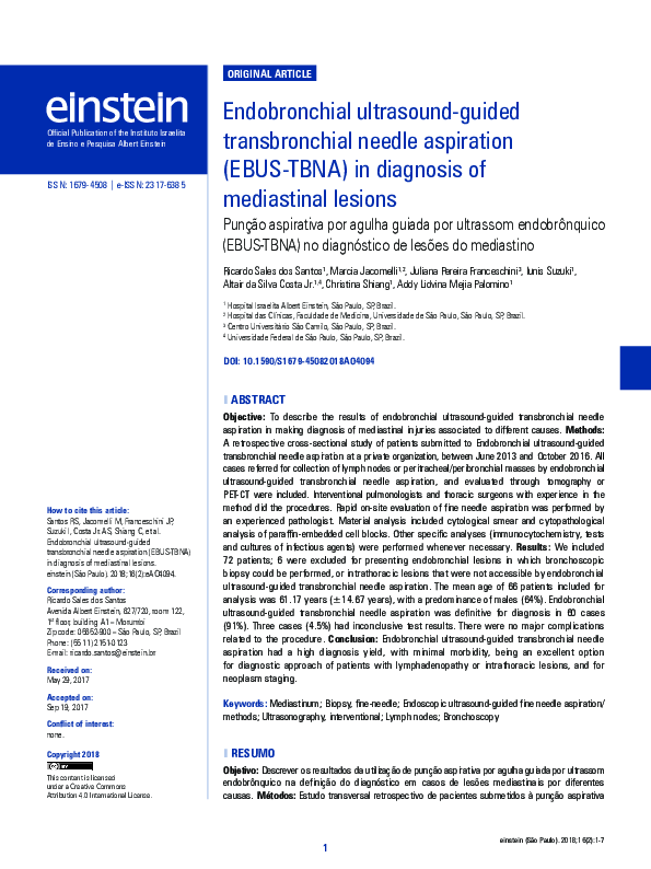 (PDF) Endobronchial ultrasound-guided transbronchial needle aspiration (EBUS-TBNA) in diagnosis ...