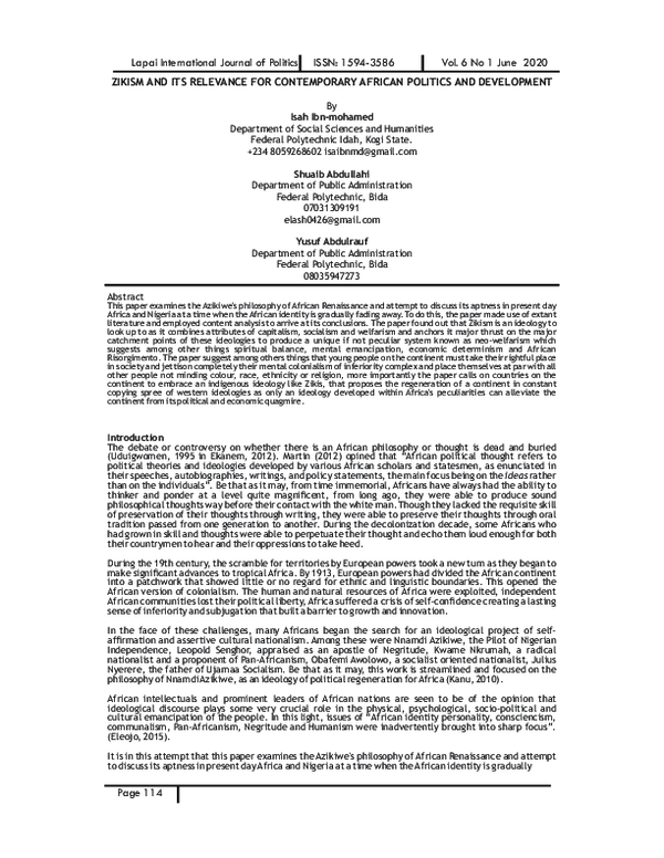 (PDF) ZIKISM AND ITS RELEVANCE FOR CONTEMPORARY AFRICAN POLITICS AND ...