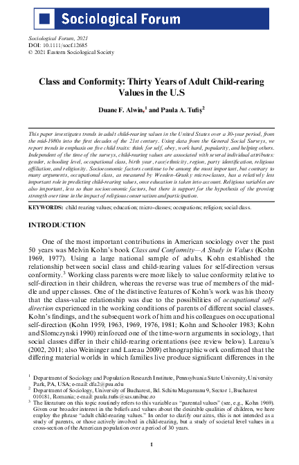 (PDF) Class and Conformity: Thirty Years of Adult Child‐rearing Values ...
