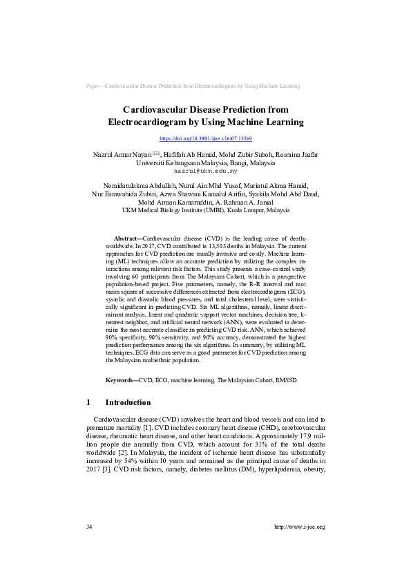 Pdf Cardiovascular Disease Prediction From Electrocardiogram By Using Machine Learning