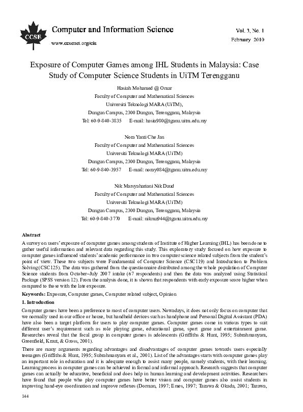 (PDF) Exposure of Computer Games among IHL Students in Malaysia: Case ...