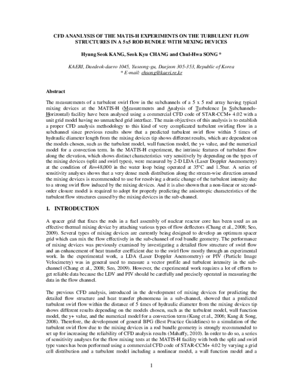 (PDF) CFD ANANLYSIS OF THE MATIS-H EXPERIMENTS ON THE TURBULENT FLOW ...
