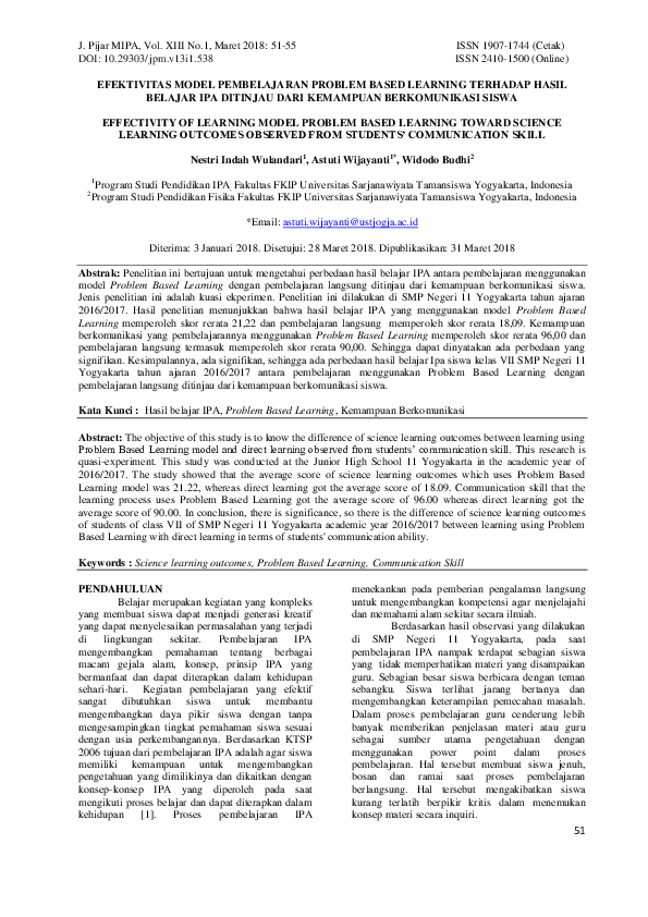 (PDF) Efektivitas Model Pembelajaran Problem Based Learning Dalam Peningkatan Kemampuan Berpikir ...