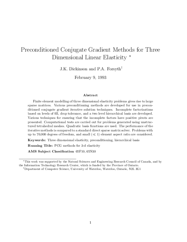 (PDF) Preconditioned conjugate gradient methods for three-dimensional linear elasticity