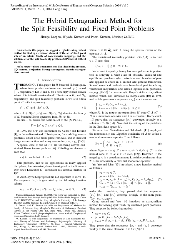 (PDF) The Hybrid Extragradient Method for the Split Feasibility and Fixed Point Problems