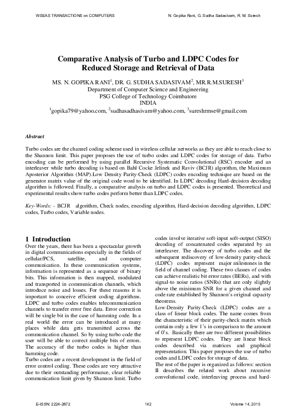 (PDF) Comparative Analysis of Turbo and LDPC Codes for Reduced Storage and Retrieval of Data