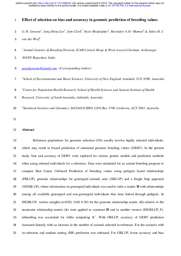 Pdf Effect Of Selection On Bias And Accuracy In Genomic Prediction Of