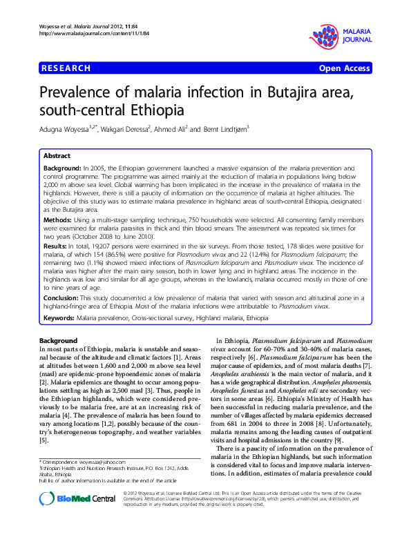 (PDF) Prevalence of malaria infection in Butajira area, south-central ...