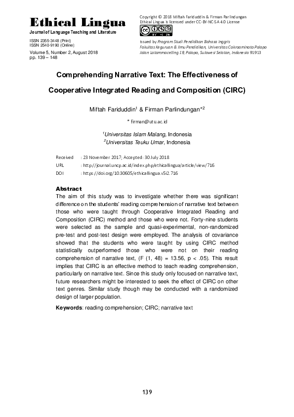 (PDF) Comprehending Narrative Text: The Effectiveness of Cooperative ...