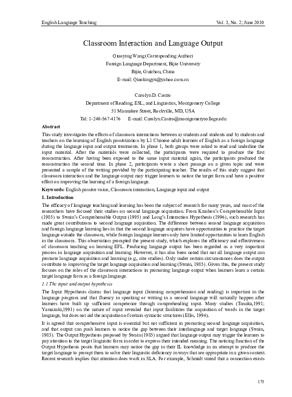 (PDF) Classroom Interaction and Language Output