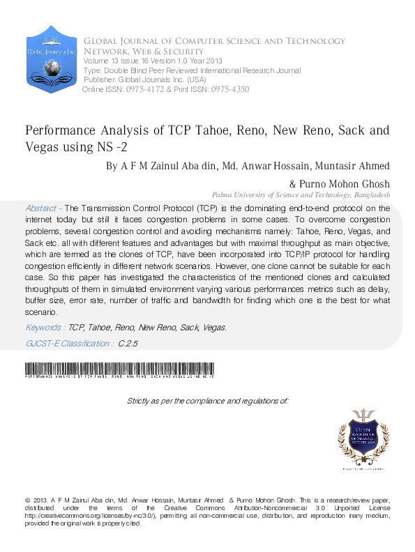 (PDF) Performance Analysis of TCP Tahoe, Reno, New Reno, Sack and Vegas using NS-2